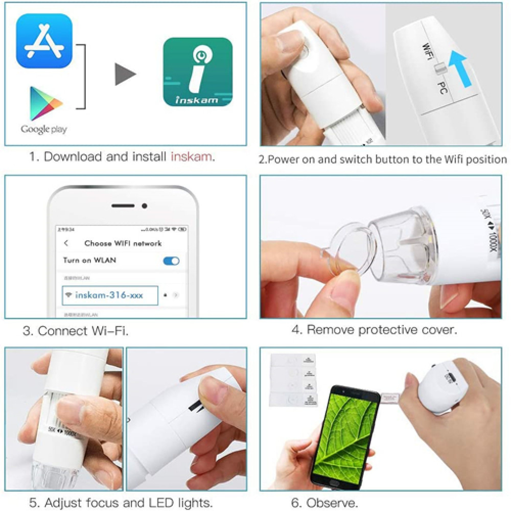 INSKAM 1000x Zoom Handheld Wireless 8 LED Digital Microscope Endoscope ...