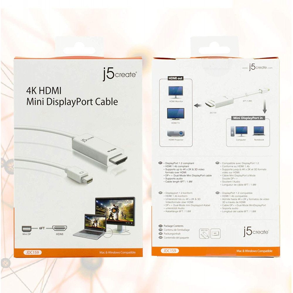J5 Create 1.8M Mini DisplayPort to 4K HDMI Cable - JDC159