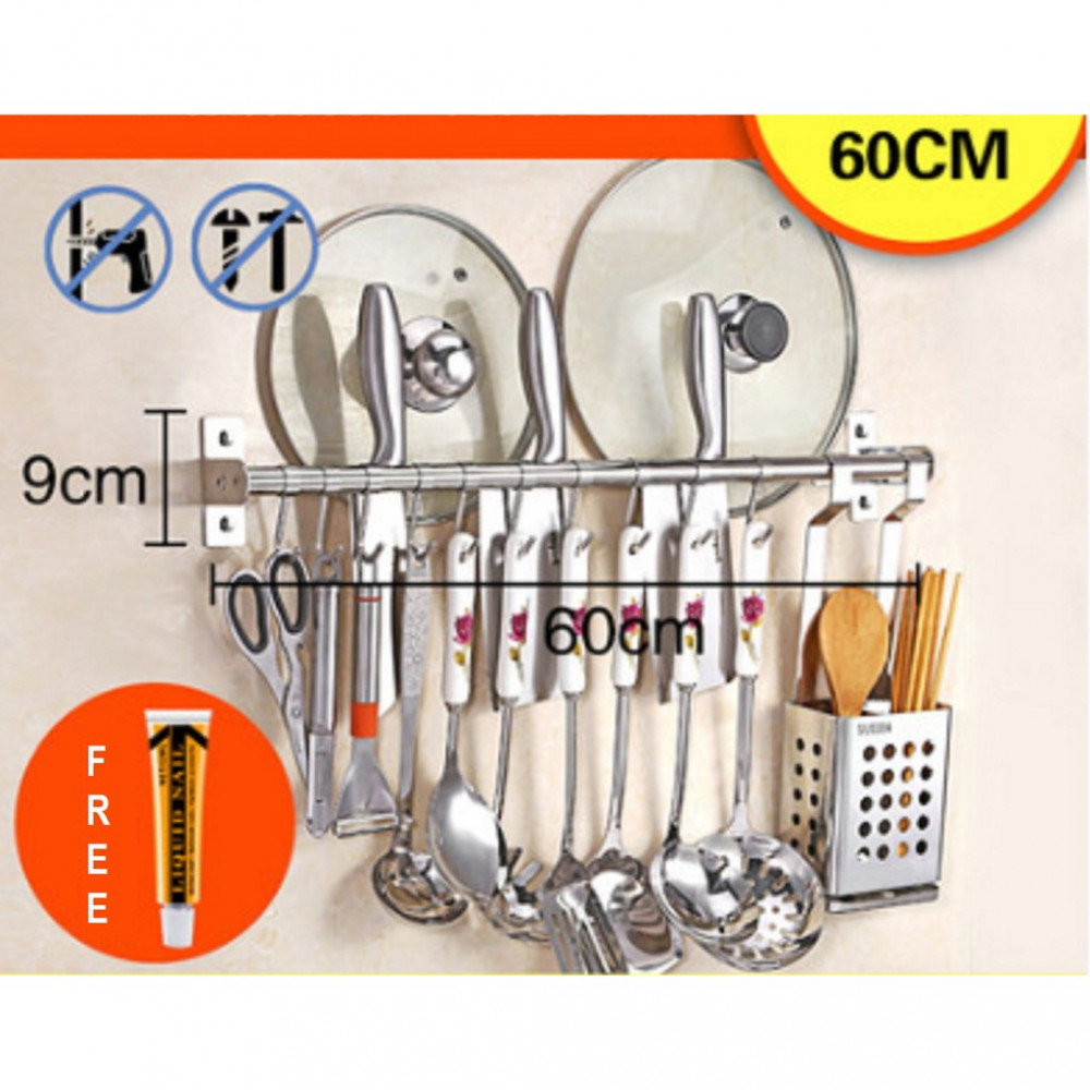 BOLTLESS Wall Mount Stainless Steel Kitchen Hanging Hooks Pot Pan ...