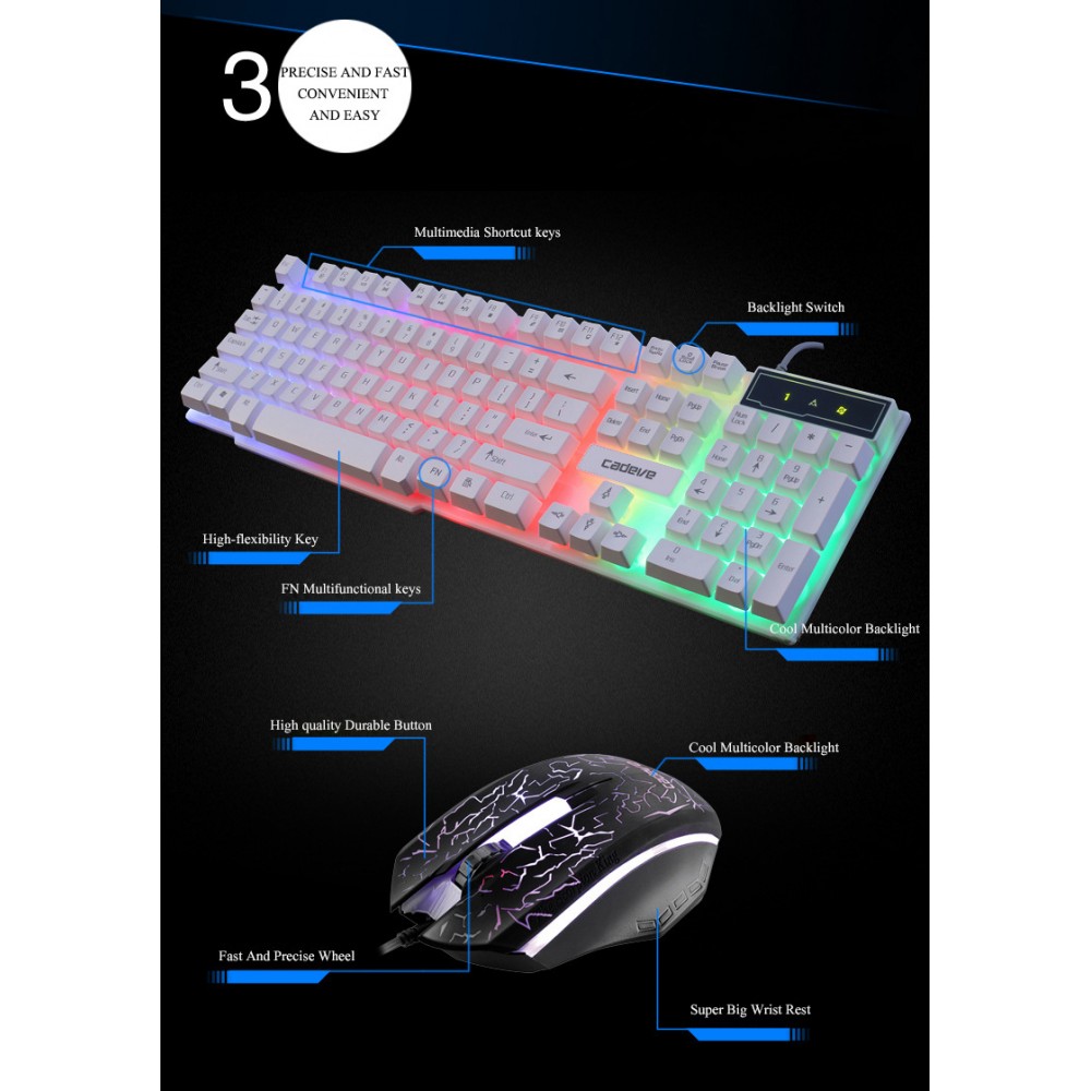 Cadeve Gaming Keyboard Rainbow Backlight RGB with Mouse Combo (White)