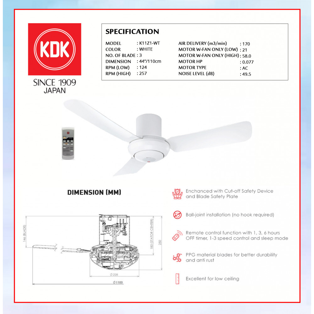 KDK BABY FAN SERIES (110cm/44") WHITE K11Z1 WT #KIPAS SILING#CEILING FAN#风扇