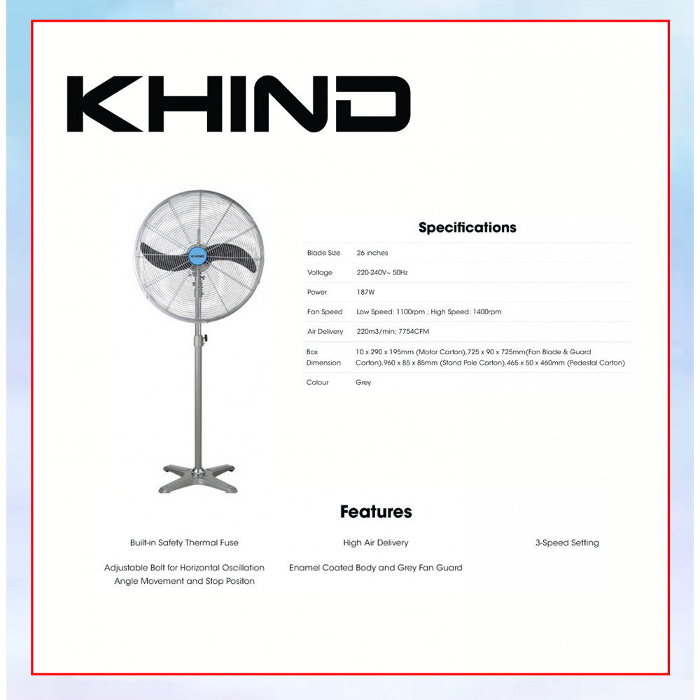 KHIND INDUSTRIAL STAND FAN (26") GREY SF2602 #KIPAS BERDIRI#立式风扇