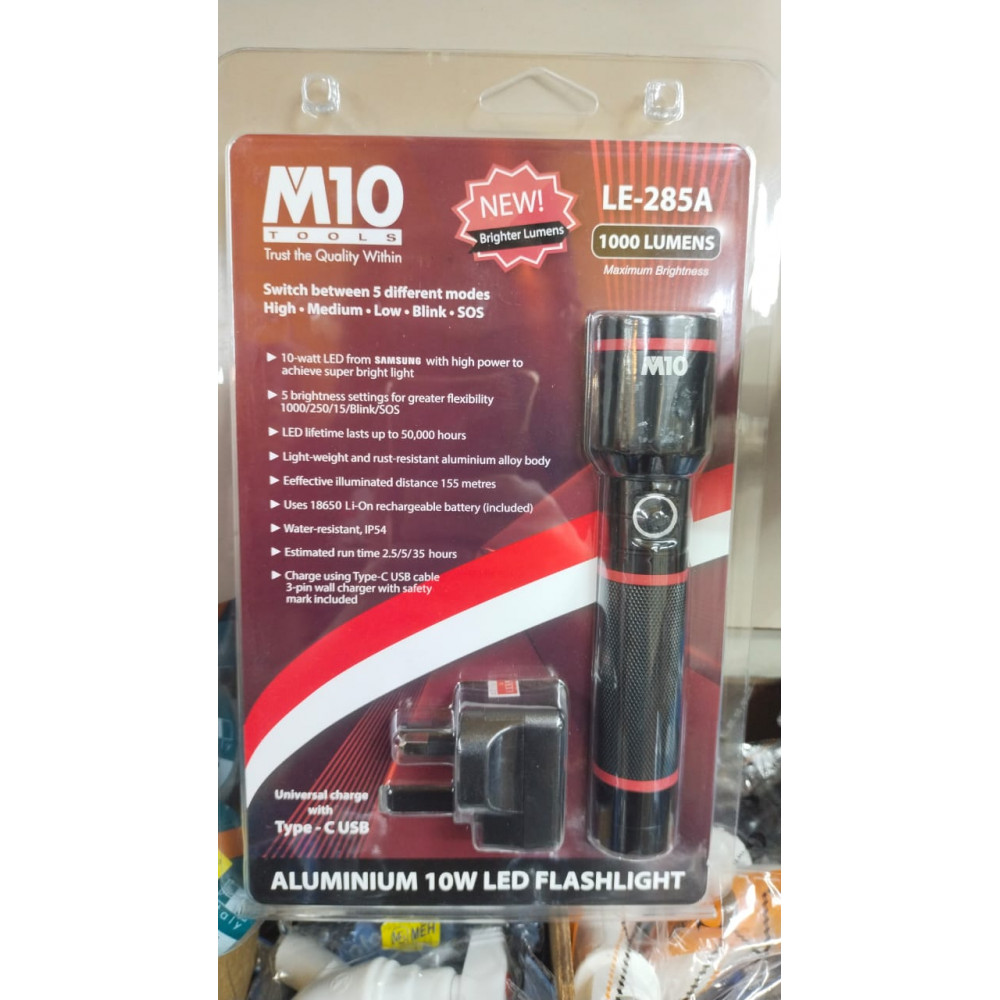 M10 TOOLS (BATTERY INCLUDED) ALUMINIUM RECHARGEABLE LED FLASHLIGHT 10W ...