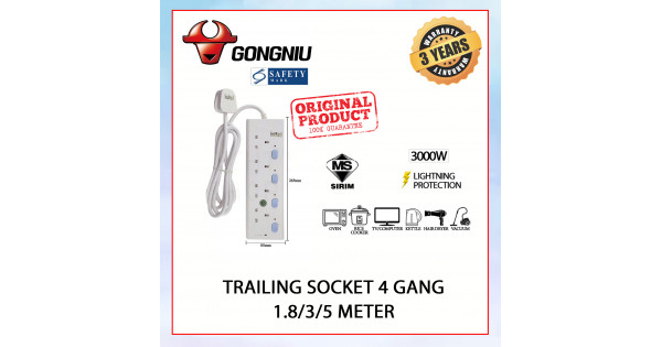 GONGNIU Trailing Socket 4 Gang-1.8/3/5 Meter#Bull#Lightning Protect Type#Sirim#Extension Socket# ...