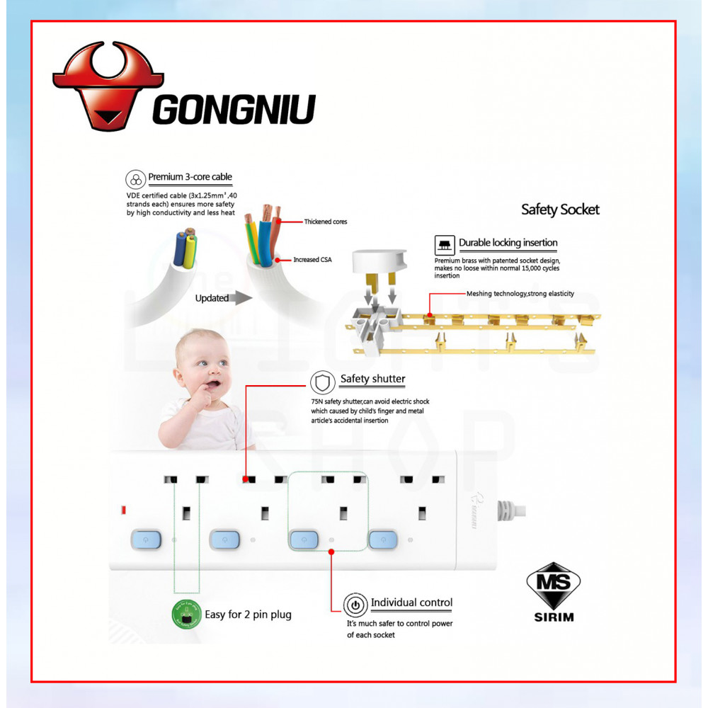 GONGNIU Trailing Socket 5 Gang-1.8/3 Meter#Bull#Basic Type#Sirim#Extension Socket#Cord Extension ...